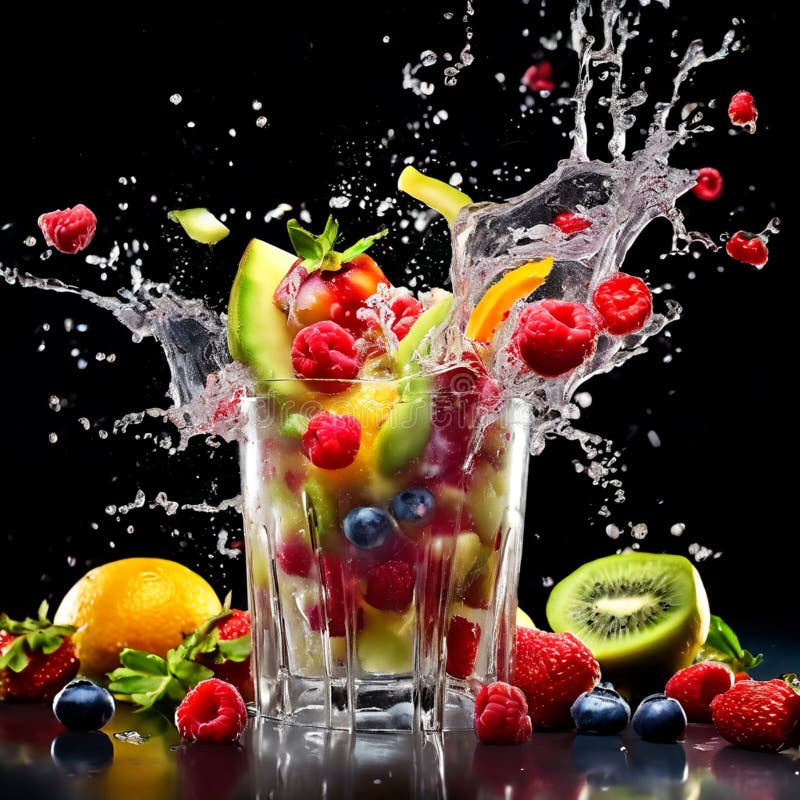 Splendid Splash: Vibrant Fruit Cocktail Splash and Fruit Flying Pieces ...