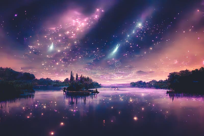 Splendid Starry Night Lake in Digital Art 3D Illustration. Stock ...