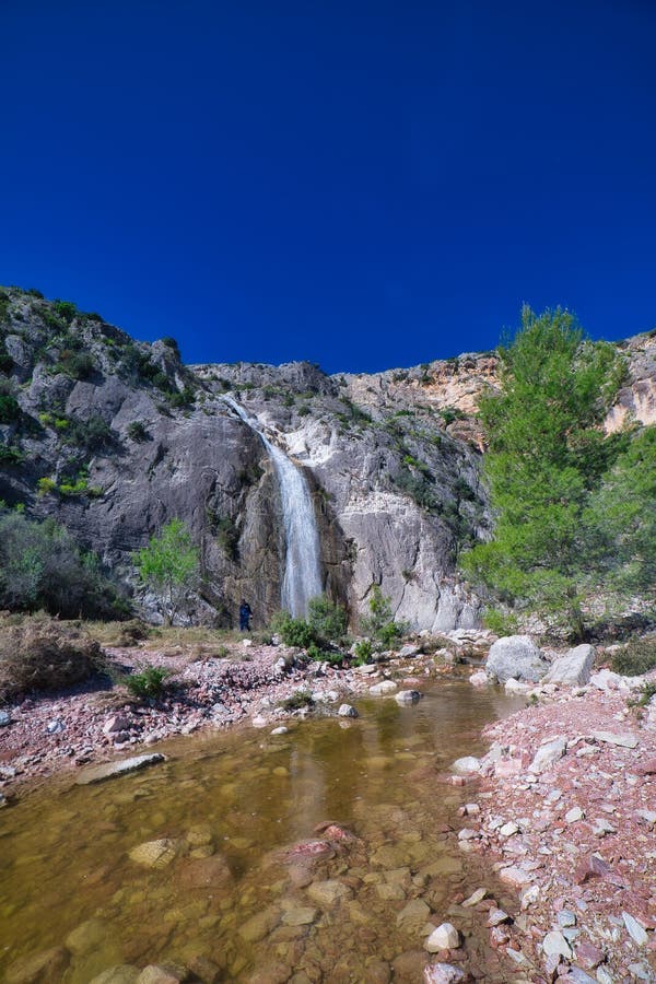 Splendid Vertical View of a Waterfall Falling into a Shallow Stream ...