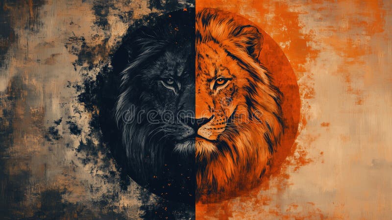 Abstract Art of a Lion S Face, Half Black and Half Orange, Split by a ...