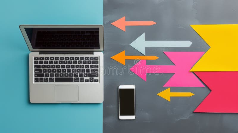 Split Background with Laptop, Smartphone, and Directional Arrows Stock ...