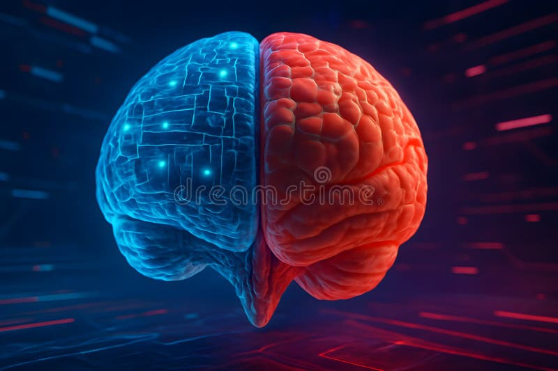 Futuristic AI Brain Split in Red and Blue, Showing Neural Tech, Data ...