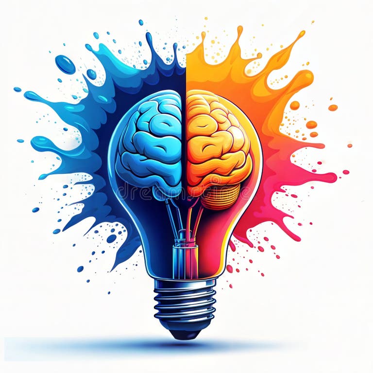 Split Brain Lightbulb with Colorful Paint Splashes Stock Illustration ...