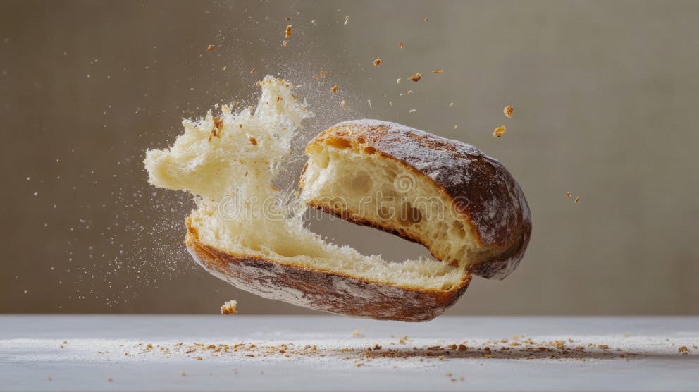 Split Bun with Powdered Sugar Flying in Air Stock Illustration ...