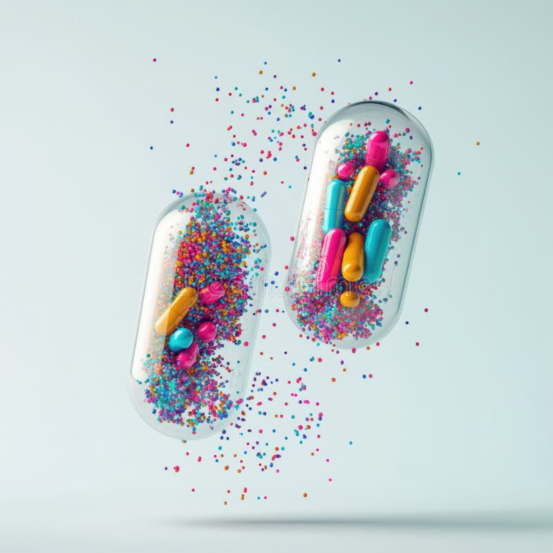 Colorful Particles Spill from Split Capsule Creating a Vibrant Display ...