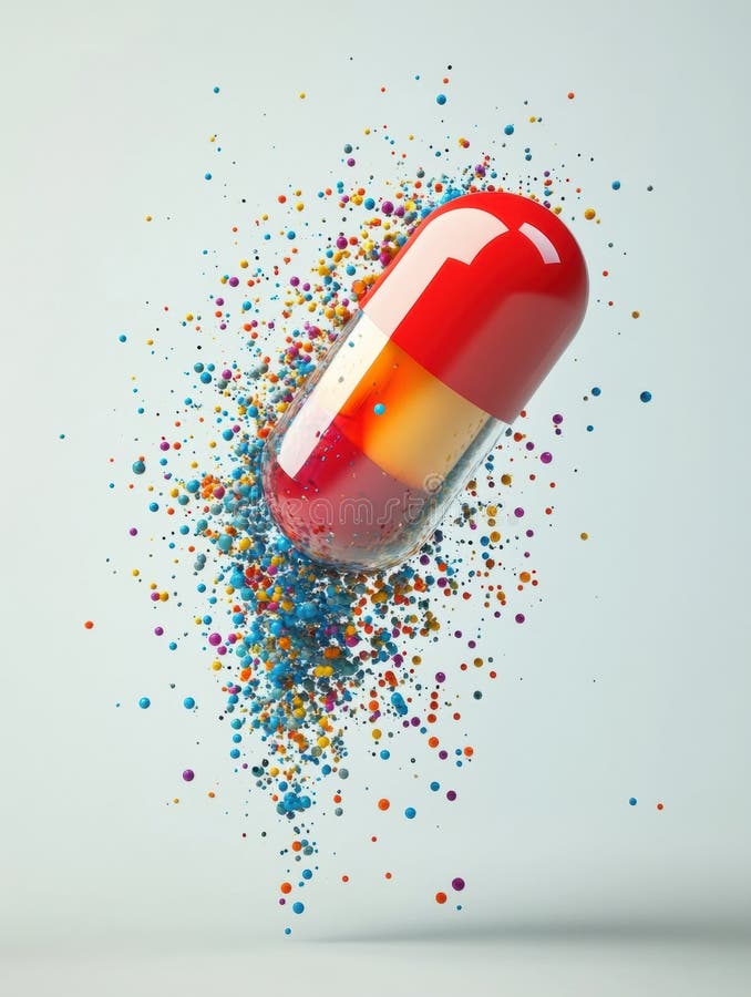 Colorful Particles Burst from a Split Capsule Creating a Vibrant ...