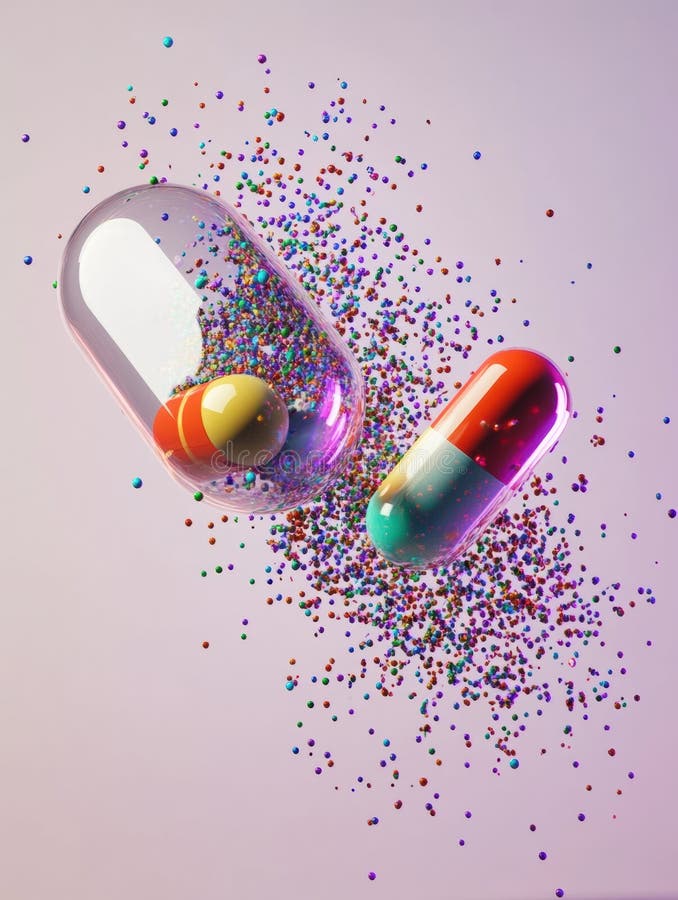 Colorful Particles Spill from a Split Capsule Creating a Vibrant ...
