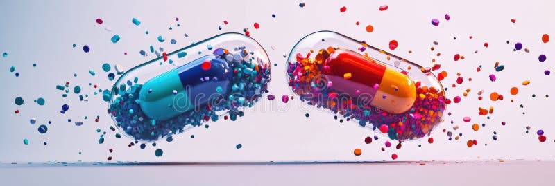 Colorful Particles Burst from Split Capsule Showcasing Vibrant Hues and ...