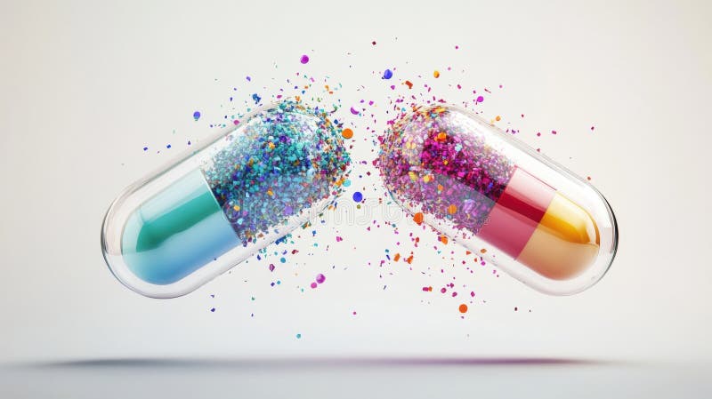 Colorful Particles Burst from Split Capsule Creating a Vibrant Display ...