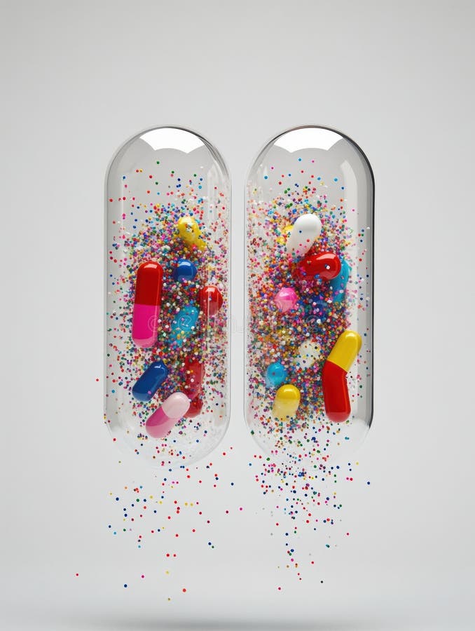 Colorful Particles Spill from a Split Capsule Creating a Vibrant ...