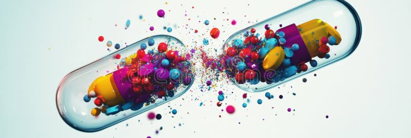 Colorful Particles Burst from a Split Capsule during a Vibrant Display ...