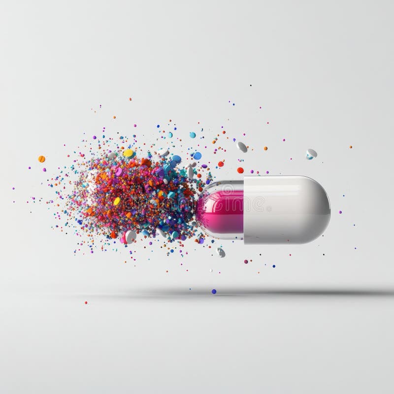 Colorful Particles Burst from Split Capsule Creating a Vibrant Display ...
