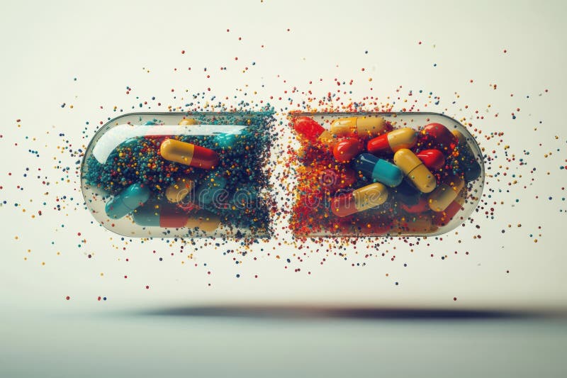 Colorful Particles Burst from a Split Capsule Showcasing a Vibrant ...