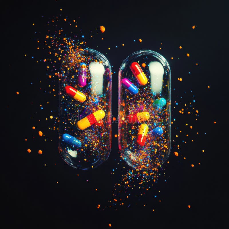 Colorful Particles Overflow from Split Capsules Creating a Vibrant ...