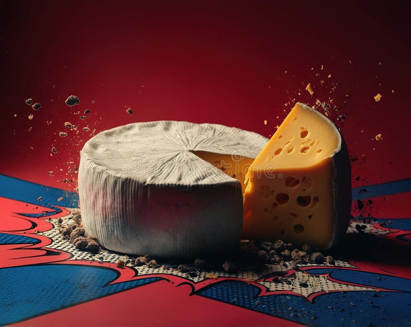 A Split Cheese Wheel on a Vibrant Comic Book Background with Particles ...