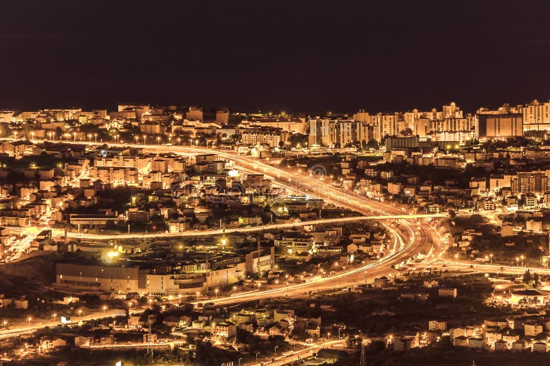 Split city at night - 1453 stock image. Image of panorama - 264492445