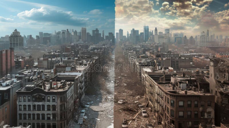 Split Cityscape of Decayed Urban Area and Modern Skyline Stock Image ...