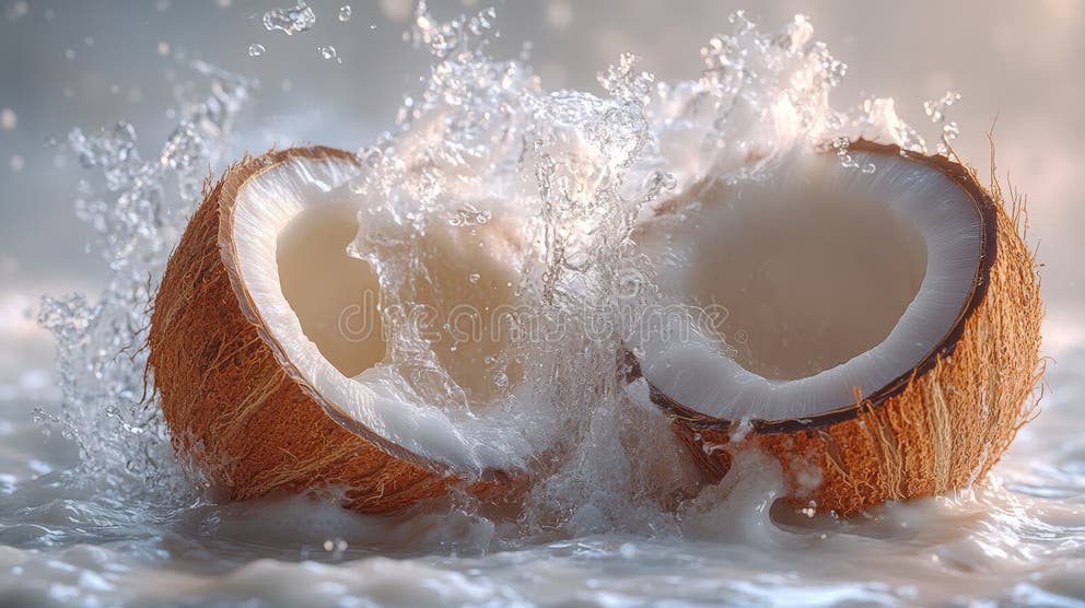 The Split Coconut Falls into the Coconut Milk Stock Illustration ...