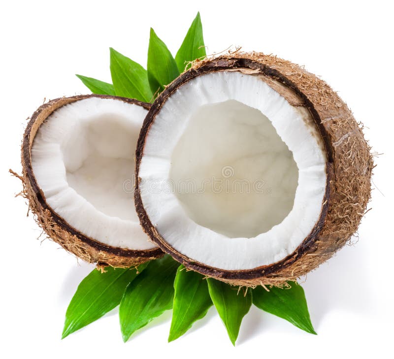 Split Coconut Fruit with White Flesh Over Green Leaves Isolated on ...