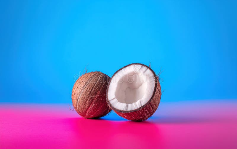 Split Coconut with Sparkling Texture on Vibrant Pink and Blue ...