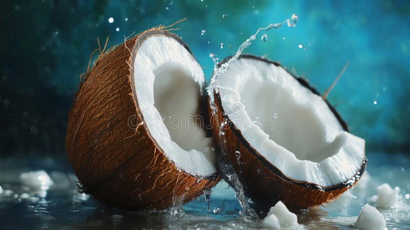 Split Coconut with Water Splash on Dark Background Stock Illustration ...