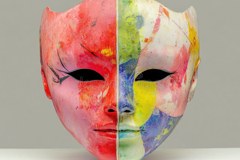 Split Color Artistic Mask with Vibrant Paint Splatters on Display Stock ...