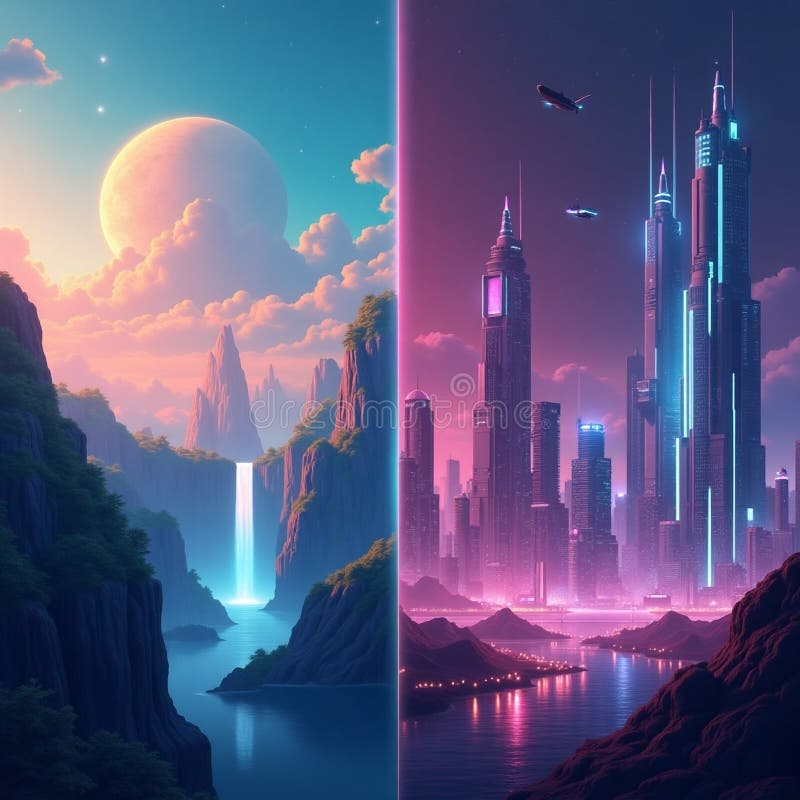 AI-Generated Split Composition with Contrasting Scenes. Stock ...