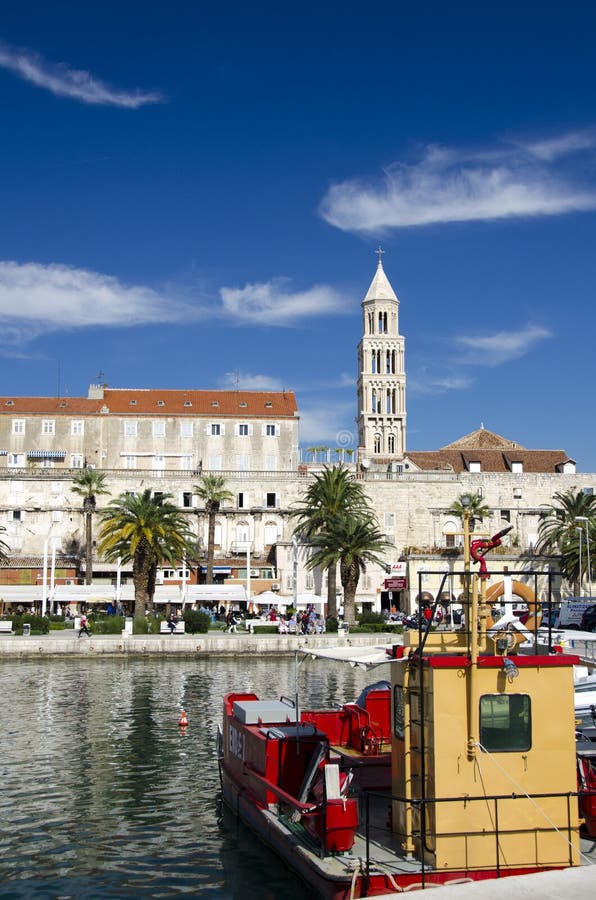 Split Waterfront with Old Town, Riva Promenade, Palm Trees at Sunset ...