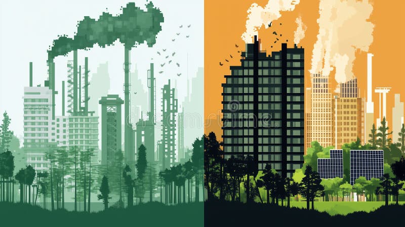 Split Image Comparing Pollution and Sustainability Stock Illustration ...