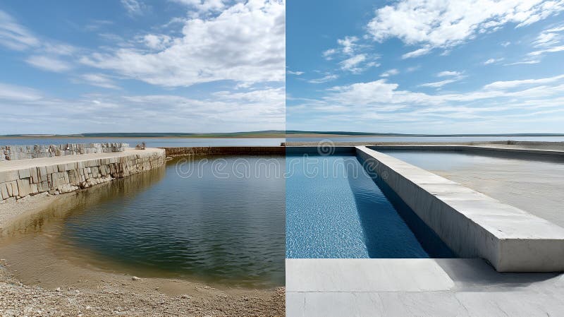 A Split-image Comparison Features a Natural Body of Water on the Left ...