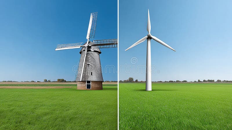 A Split-image Comparison of an Old Windmill and a Modern Wind Turbine ...
