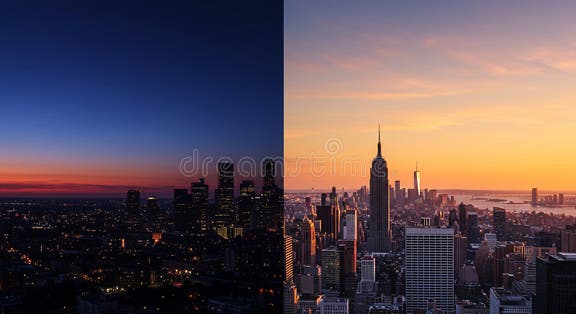 A Split-image Comparison of Two City Skylines at Dusk. the Left Side ...