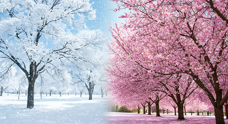 A Split Image Contrasting Two Seasons: on the Left, Snow-covered Trees ...