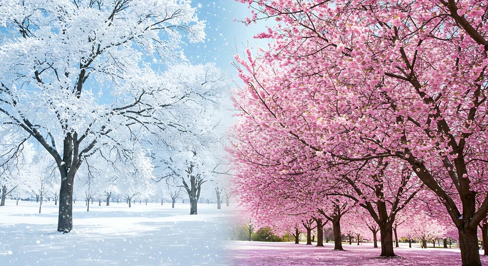 A Split Image Contrasting Two Seasons: on the Left, Snow-covered Trees ...