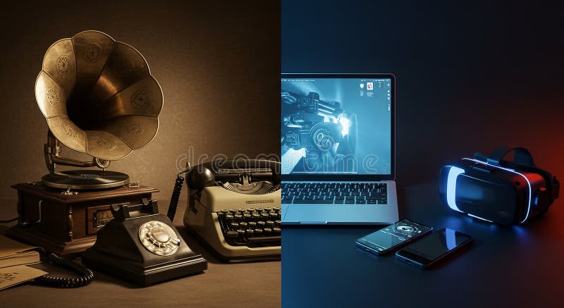 A Split-image Contrasts Old and New Technology. on the Left, an Antique ...