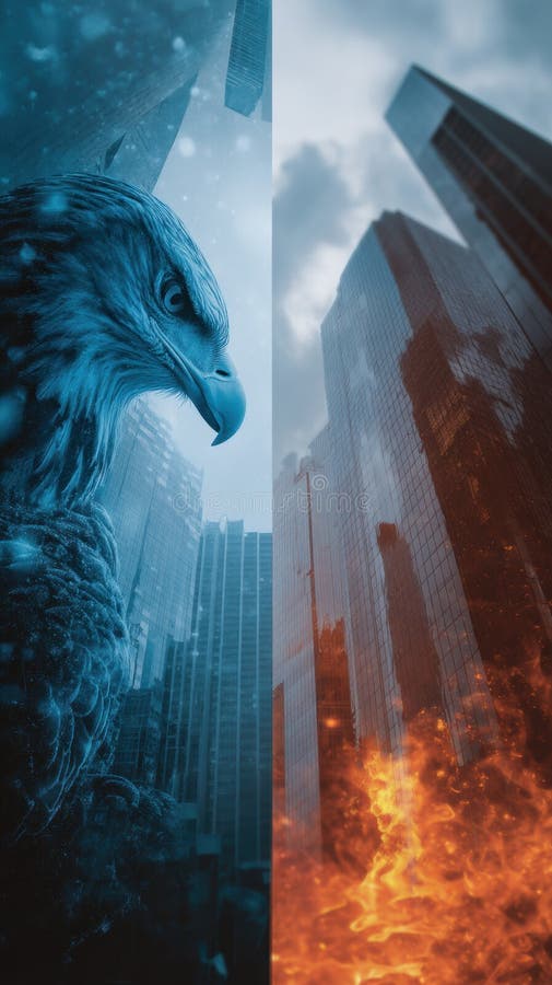 Split Image of Eagle in Icy Tones and Fiery Cityscape, Symbolizing ...