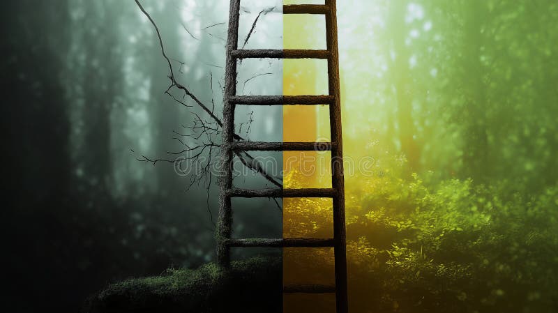 A Split-image Features a Ladder Dividing Two Contrasting Forest Scenes ...