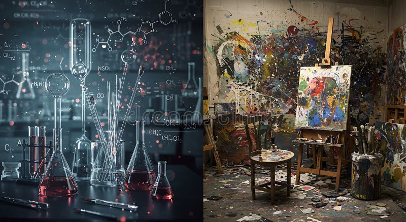 A Split Image Featuring a Chemistry Lab and an Art Studio. on the Left ...