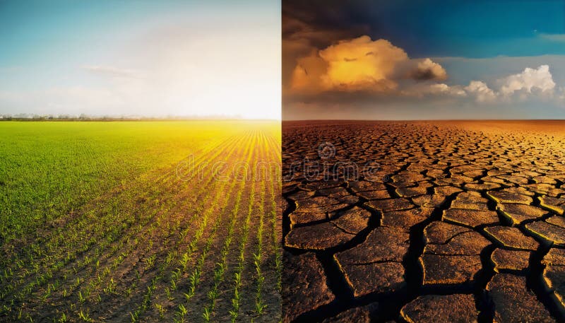 Split Image of a Green, Fertile Field and Dry, Cracked Land ...