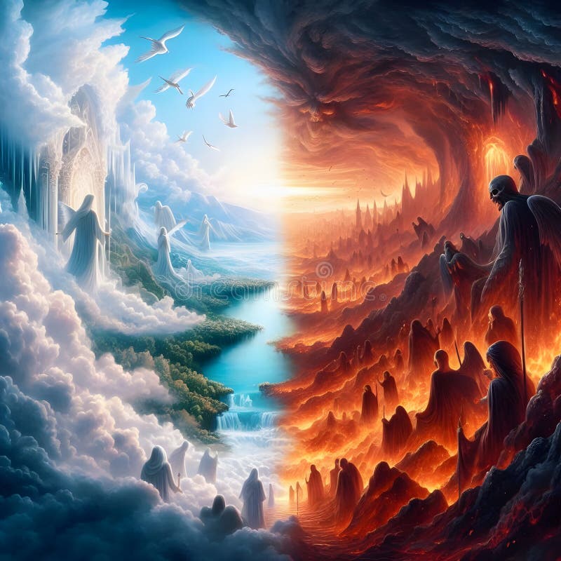 Split Image of the Heaven Verses Hell Where Heaven is Serene Landscape ...