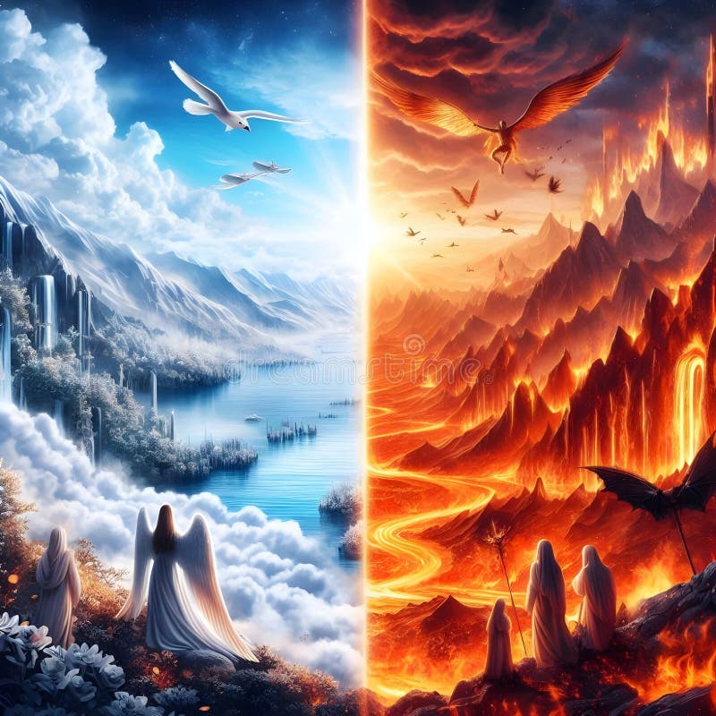 Split Image of the Heaven Verses Hell Where Heaven is Serene Landscape ...