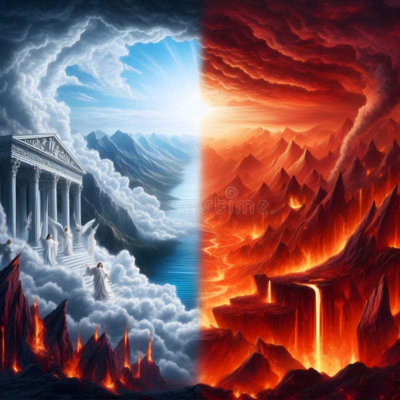 Split Image of the Heaven Verses Hell Where Heaven is Serene Landscape ...