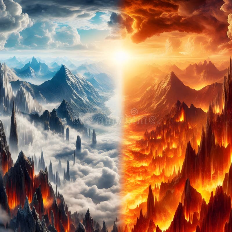 Split Image of the Heaven Verses Hell Where Heaven is Serene Landscape ...