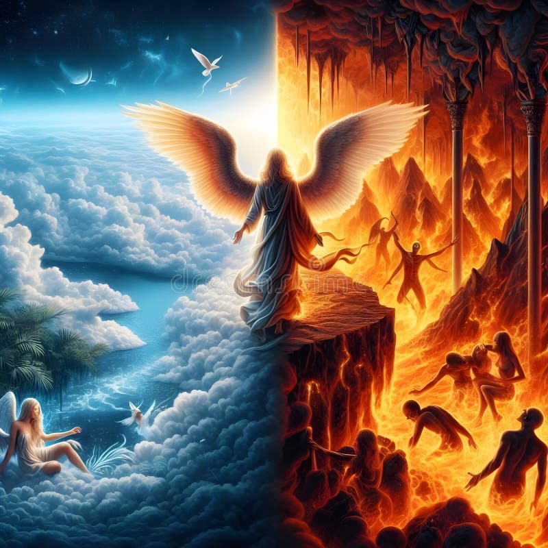 Split Image of the Heaven Verses Hell Where Heaven is Serene Landscape Compare with Fiery ...