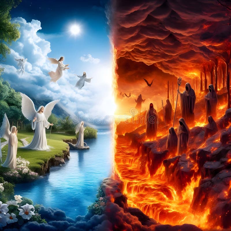 Split Image of the Heaven Verses Hell Where Heaven is Serene Landscape Compare with Fiery ...