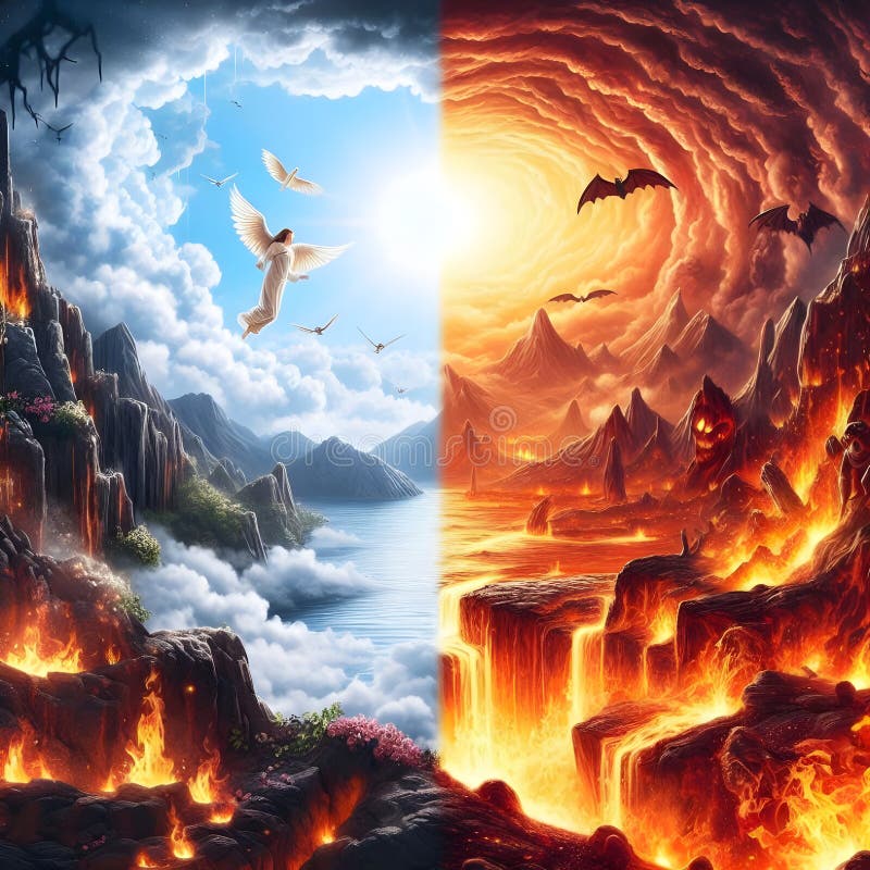 Split Image of the Heaven Verses Hell Where Heaven is Serene Landscape ...