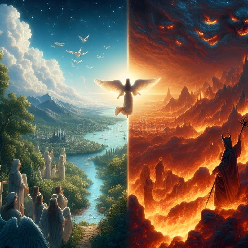Split Image of the Heaven Verses Hell Where Heaven is Serene Landscape ...