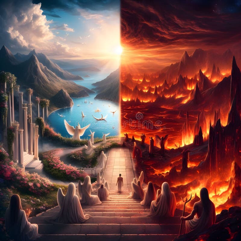 Split Image of the Heaven Verses Hell Where Heaven is Serene Landscape ...