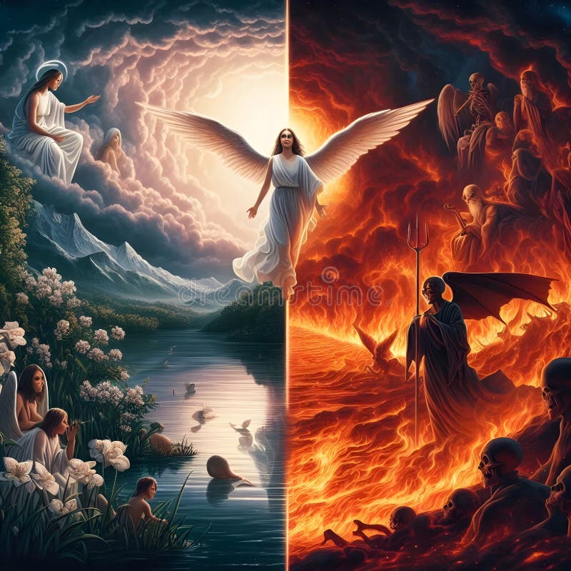 Split Image of the Heaven Verses Hell Where Heaven is Serene Landscape ...