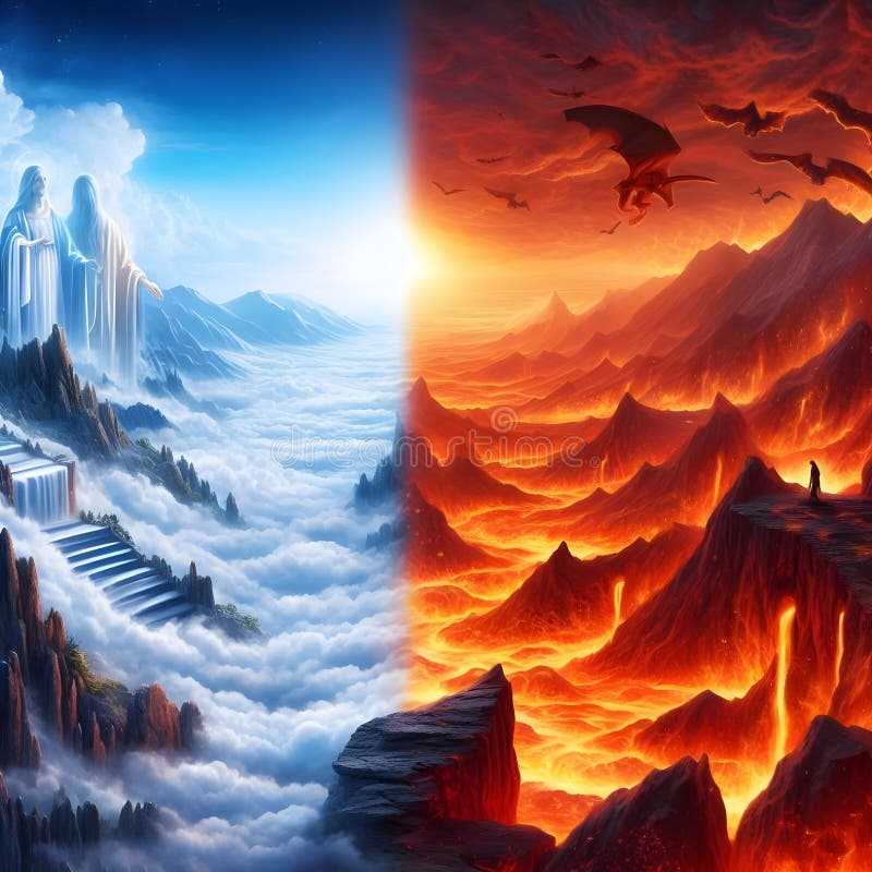 Split Image of the Heaven Verses Hell Where Heaven is Serene Landscape ...